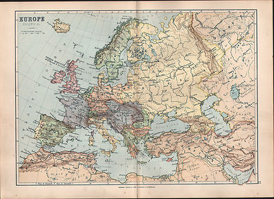 1895 VICTORIAN MAP ~ EUROPE POLITICAL UNITED KINGDOM SPAIN FRANCE ...