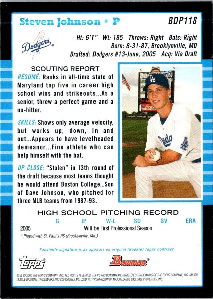 2005 Bowman Chrome Draft Picks & Prospects Steven Johnson Baseball Card ...