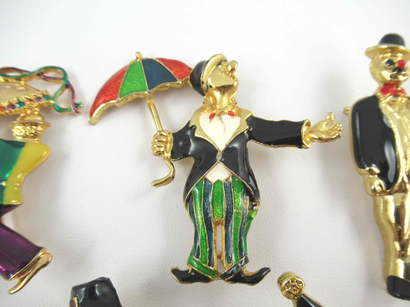 5 Vintage Enamel & Gold Tone Clown Brooch, Pins - Gem