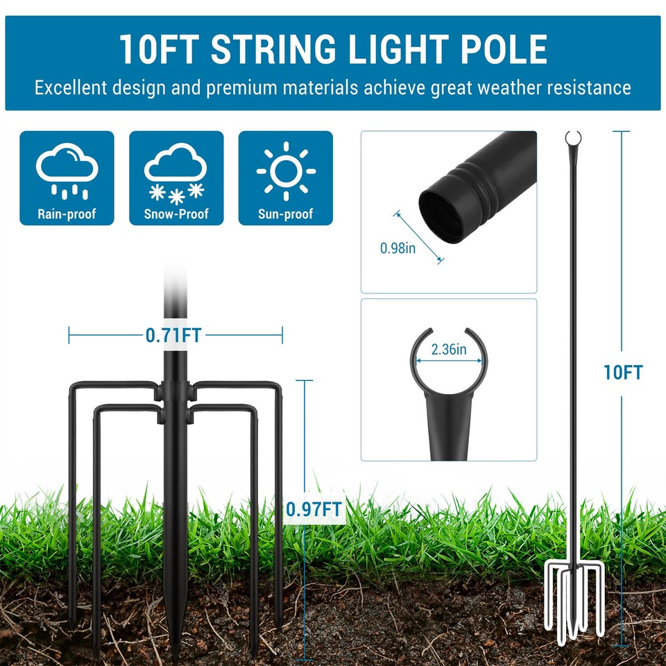 4 Pack 10FT Poles for Outdoor String Lights Backyard Light Poles for ...
