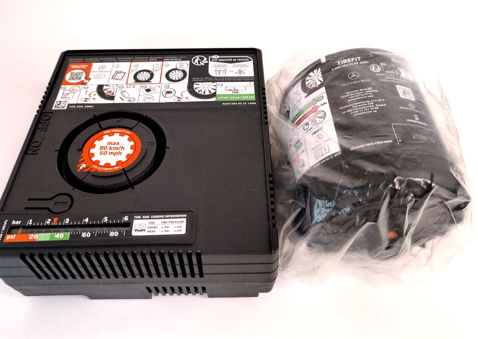 Mercedes TYRE PUNCTURE REPAIR KIT GENUINE MINI PUMP INFLATOR + Sealant ...