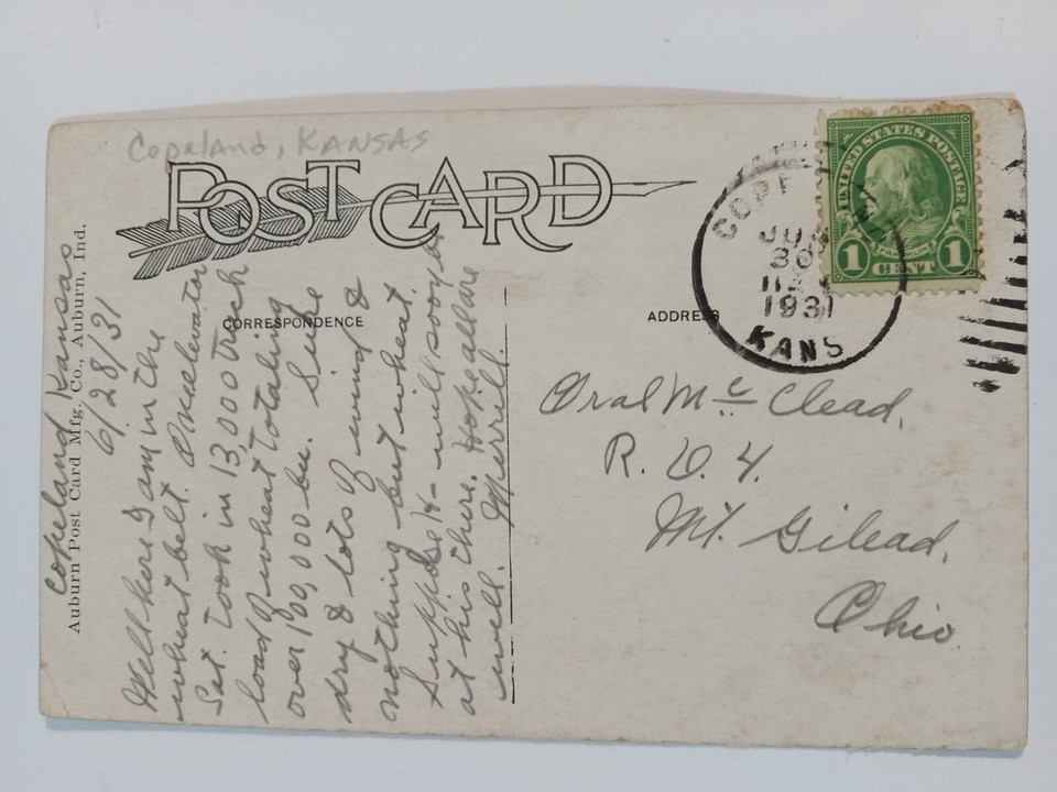 COPELAND KANSAS POSTCARD 1931 GRAY COUNTY STATE BANK CIMARRON ENSIGN ...