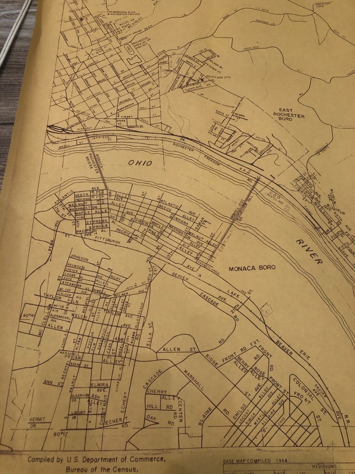 BEAVER COUNTY PA. STREET MAP 47"x37" MONACA, FREEDOM, ROCHESTER, CONWAY ...