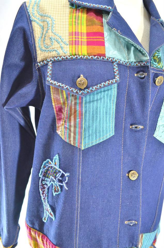 FAITH by CELIA FORRESTER NEW Fish Beaded EMBELLISHED artsy DENIM JEAN ...