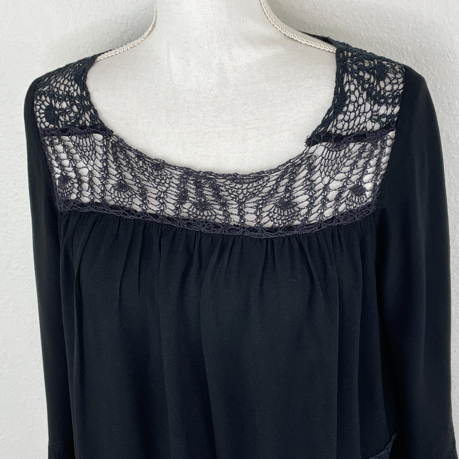 Sandro Paris Blouse Top Crochet Lace Trim Black Bell … - Gem