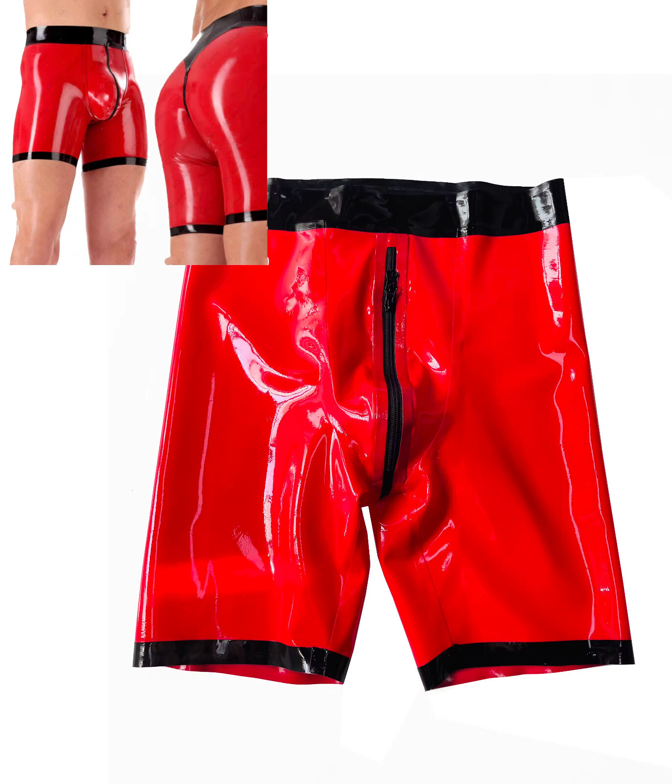 Red And Black Sexy Latex Boxer Shorts With Trims Front Zipper Underwear ...