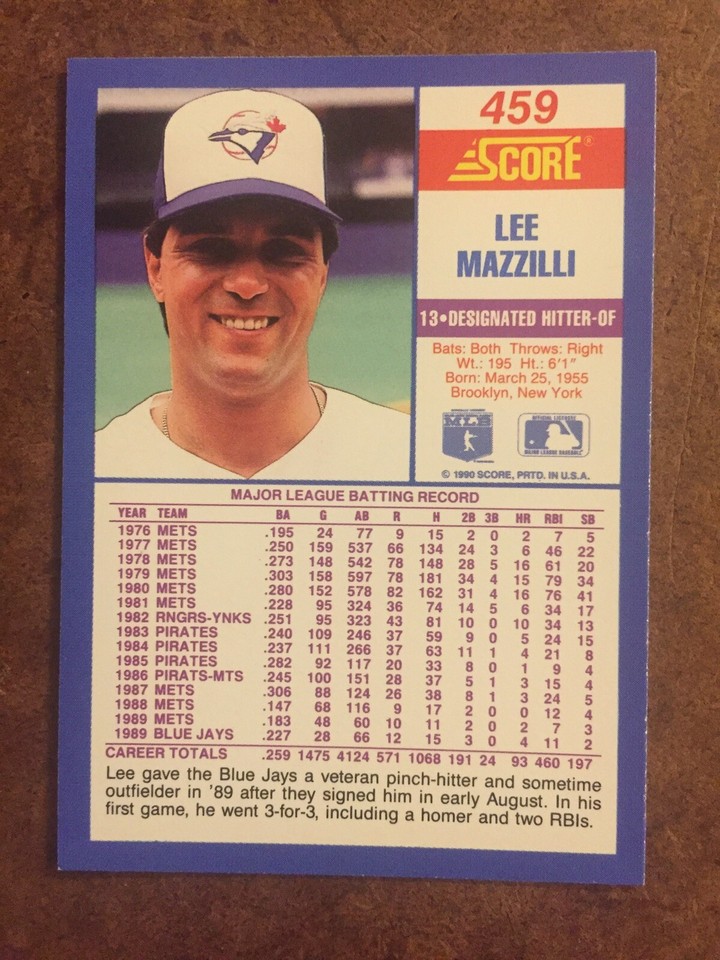 Lee Mazzilli 459 Score 1990 MLB Baseball Trading Card | eBay
