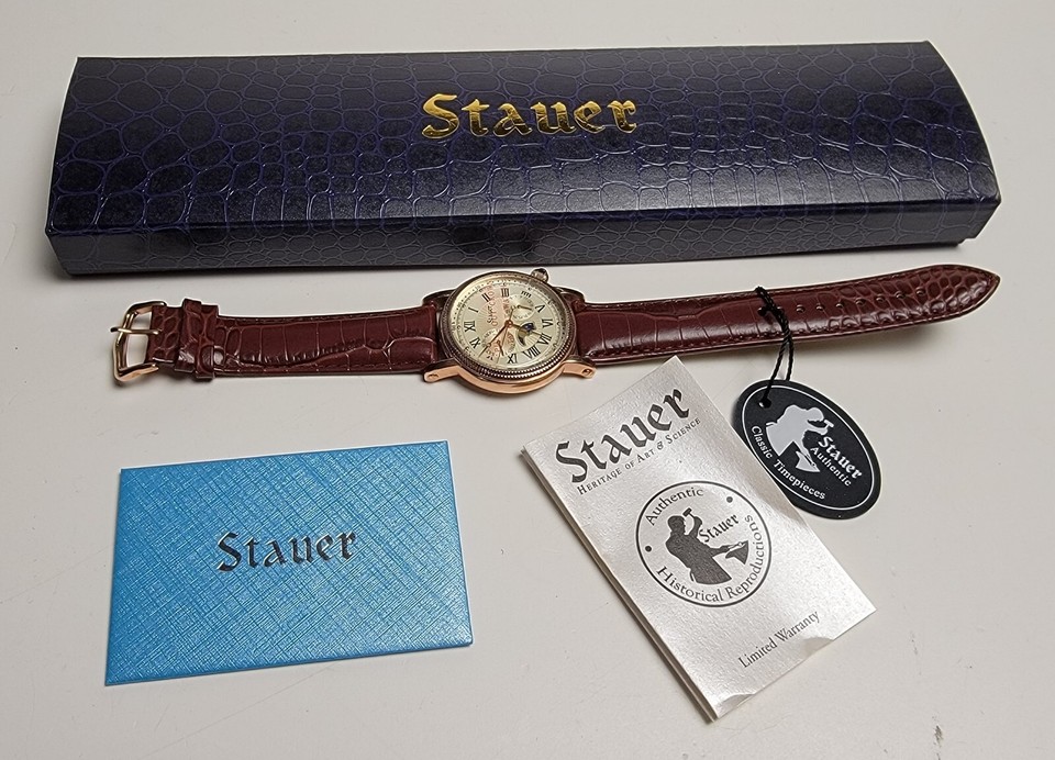NIB Stauer Men’s Gold color 42mm Day Date quartz watch 20390 w leather ...