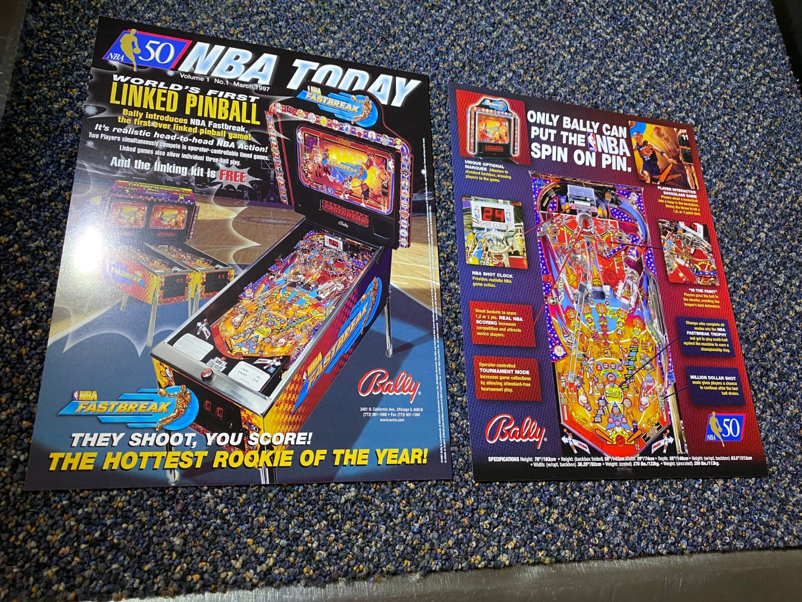 1997 FACTORY ORIGINAL BALLY NBA FASTBREAK PINBALL PROMO POSTER W/ 2 ...