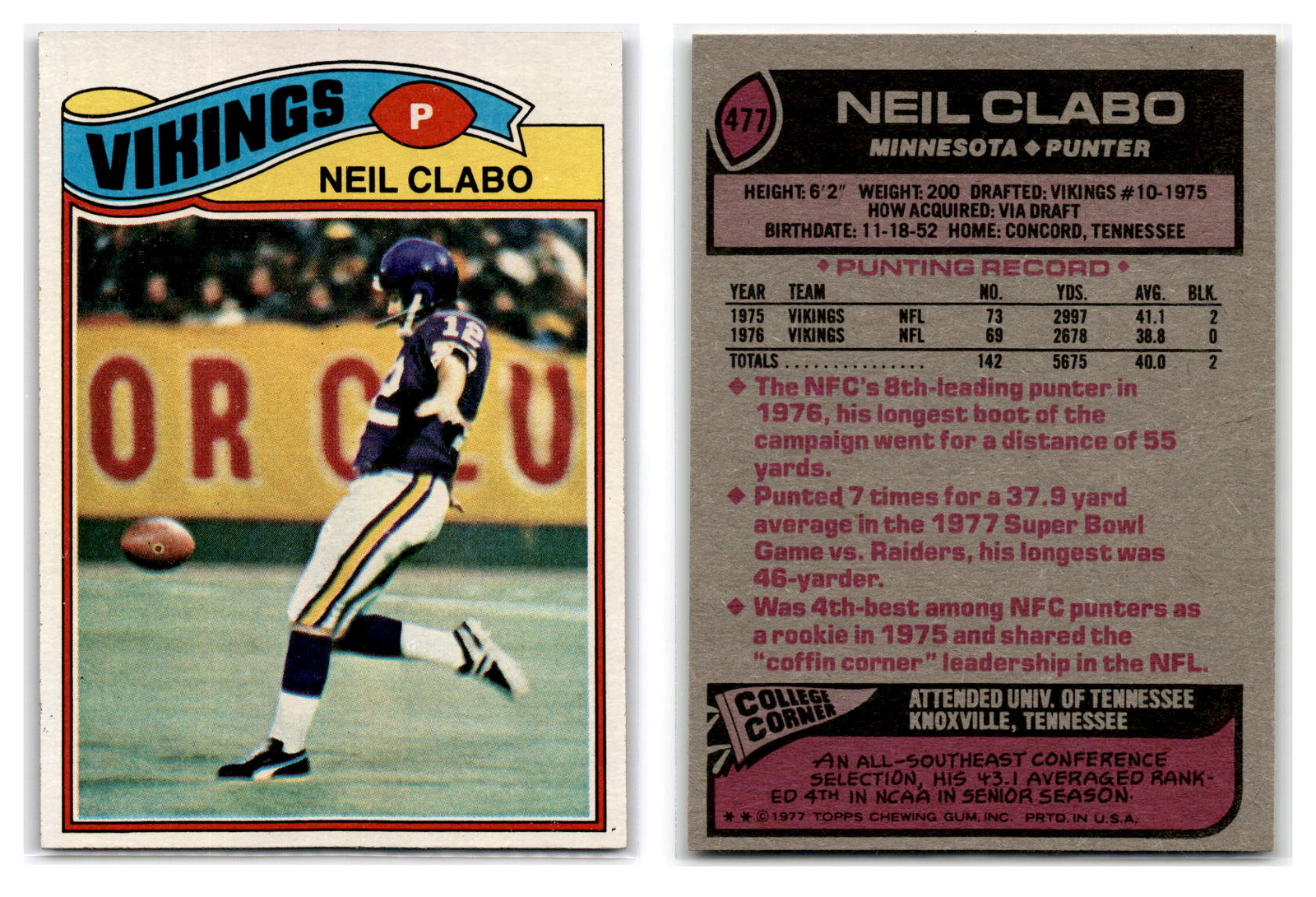 1977 Topps #477 Neil Clabo EXMT/NM - Minnesota Vikings | eBay