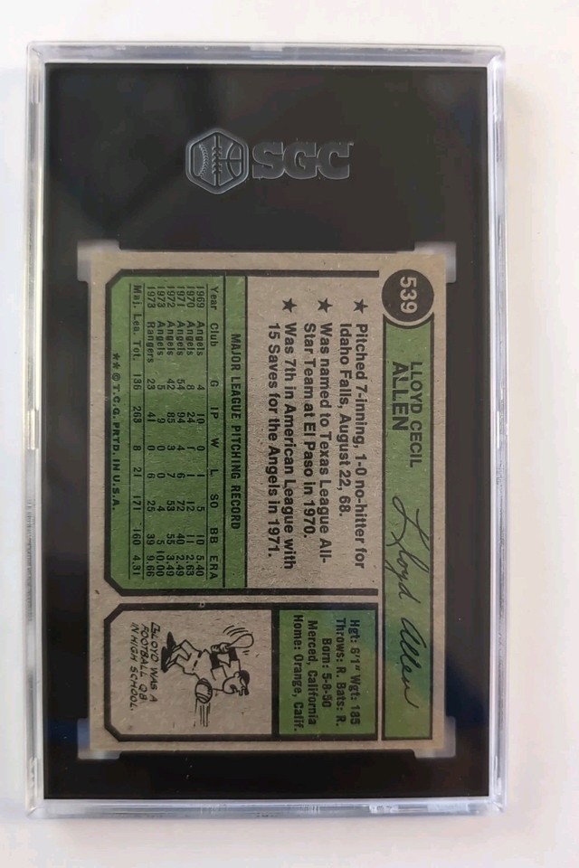 1974 Topps - Lloyd Allen #539 Texas Rangers Graded SGC 8.5 NM-MT+ Sharp ...