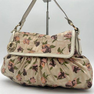 FENDI Shoulder Bag Leather Canvas Floral Pattern Beige Authentic | eBay ...