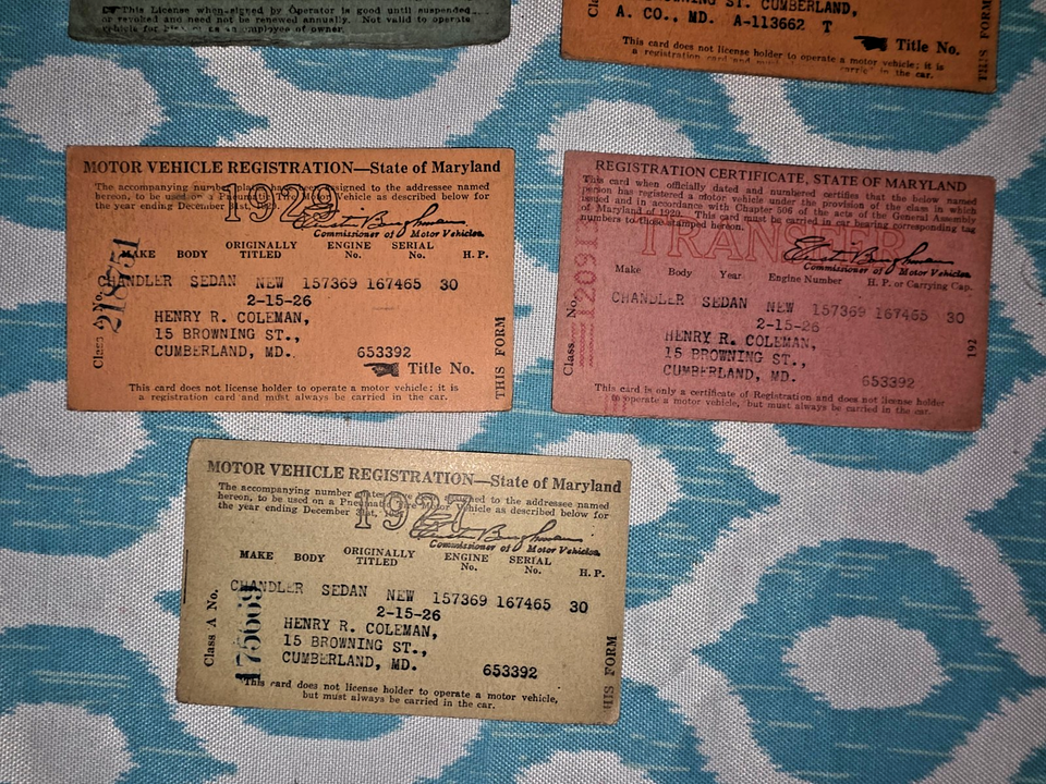 1921 Maryland Motor Vehicle Operators License & 5 1920s MD Vehicle Registrations | eBay