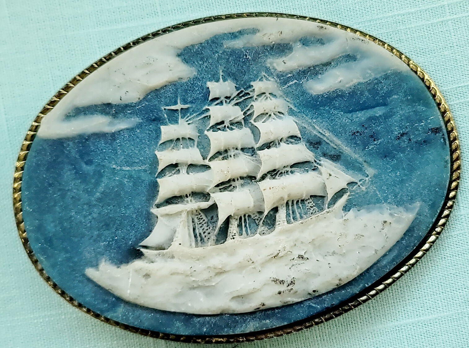 1970 3-Mass Sailing Ship Carved In Genuine Incolay Stone belt Buckle | eBay