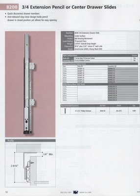 KV #8200P-18" PENCIL OR CENTER DRAWER SLIDES, 3/4-EXTENSION, ZINC ...