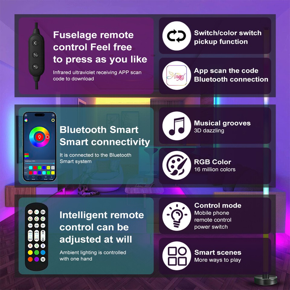 2pcs Floor RGB LED Lamp Corner Light Standing Mood Remote Colour Music ...