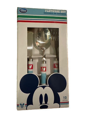 Disney Mickey Mouse Flatware 12 pc Set Summer Fun Stainless Melamine ...