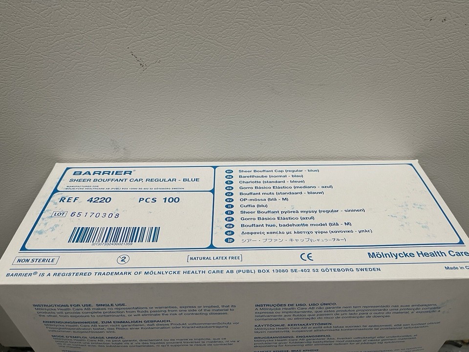 Molnlycke Barrier Sheer Bouffant Cap 4220 Regular Blue Nurses Cap, 100 ...