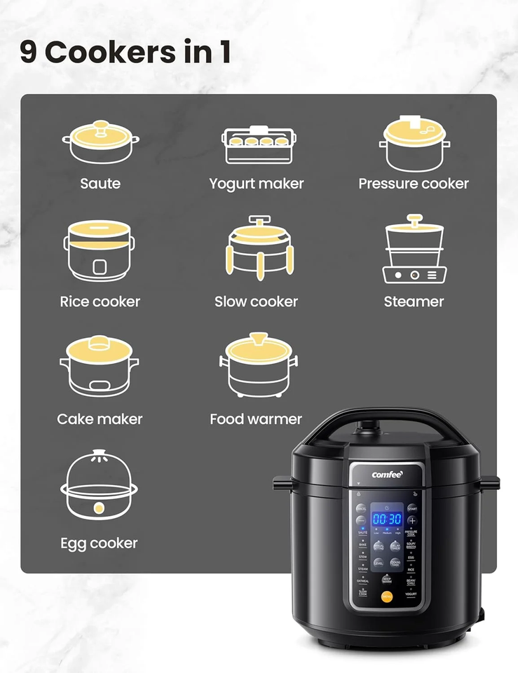 COMFEE’ 6QT Electric Pressure Cooker 9-in-1 Multi-Cooker Rice & Slow ...