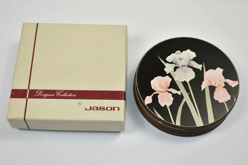 Vintage Jason Drinking Coasters 6x Round Iristime Black Floral Cork ...