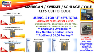 Kwikset Schlage American Yale - Keys Cut to Code - Computerized Cut - 4 ...