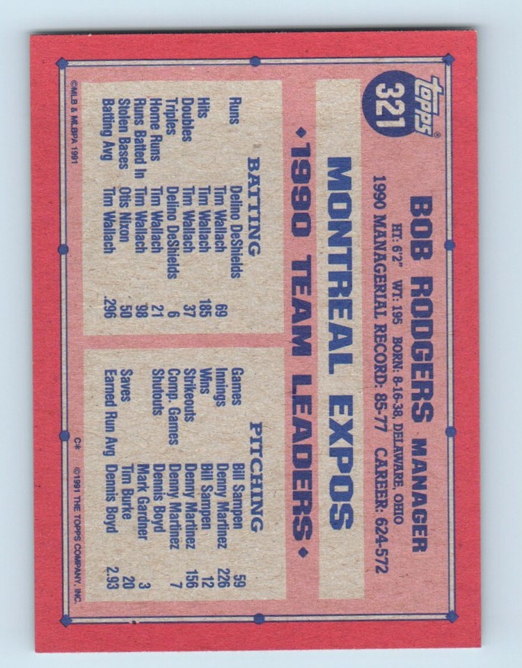 1991 Topps Bob Rodgers Montreal Expos #321 | eBay