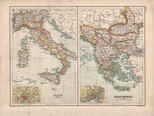 1899 VICTORIAN MAP ~ ITALY INSET ROME ~ BALKAN PENNINSULA ...