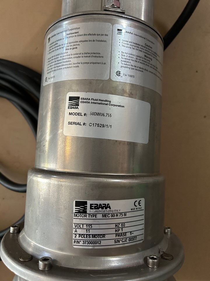 NEW Ebara Pump 50DWU6.75S 1 HP Dominator Stainless Steel Sewage Pump ...