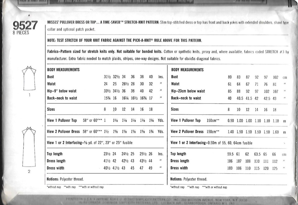 Vintage Simplicity #9527 Misses' Pullover Dress & Top - Size 12-16 ...