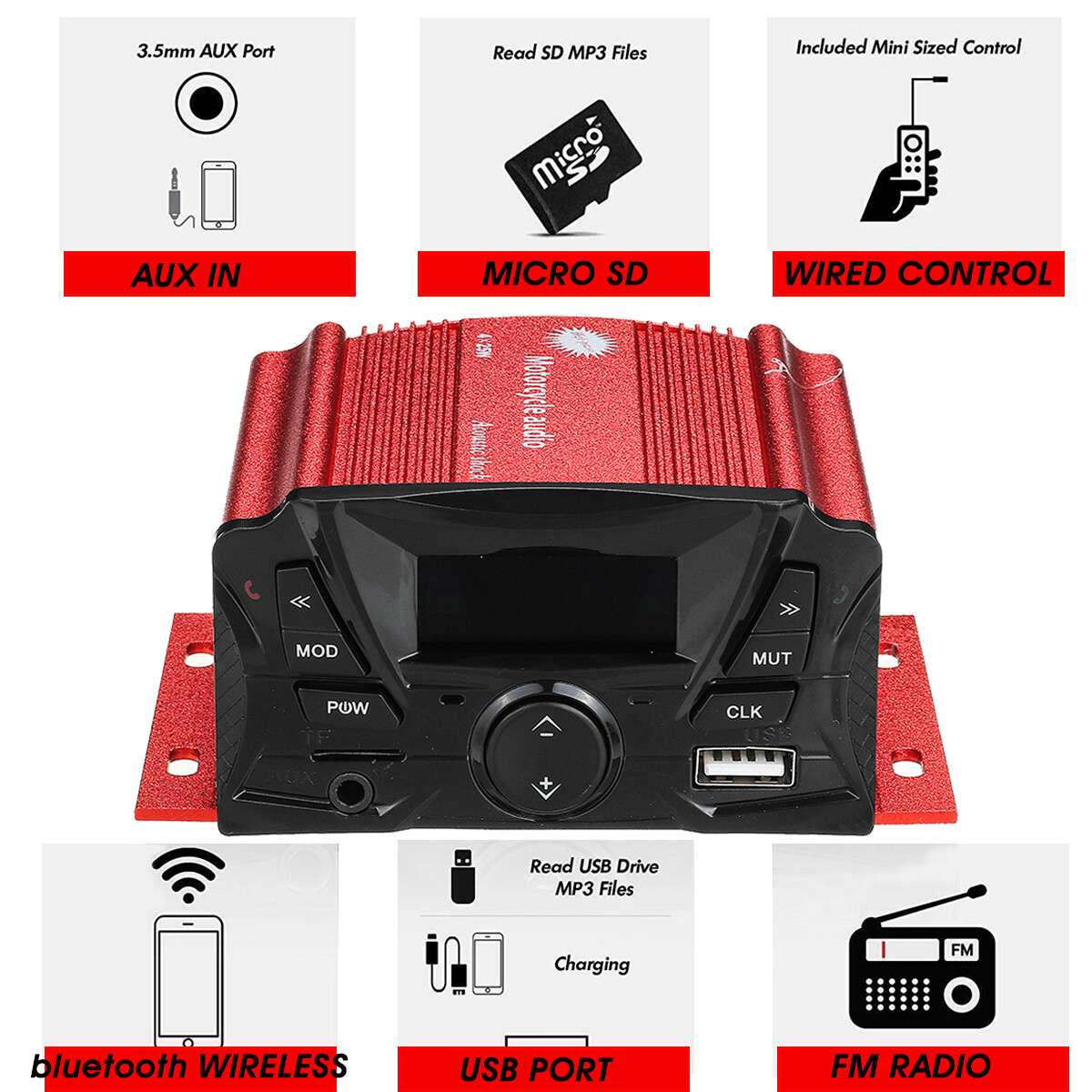 bluetooth Motorcycle ATV 4 Wheeler Audio Stereo Speakers System FM ...