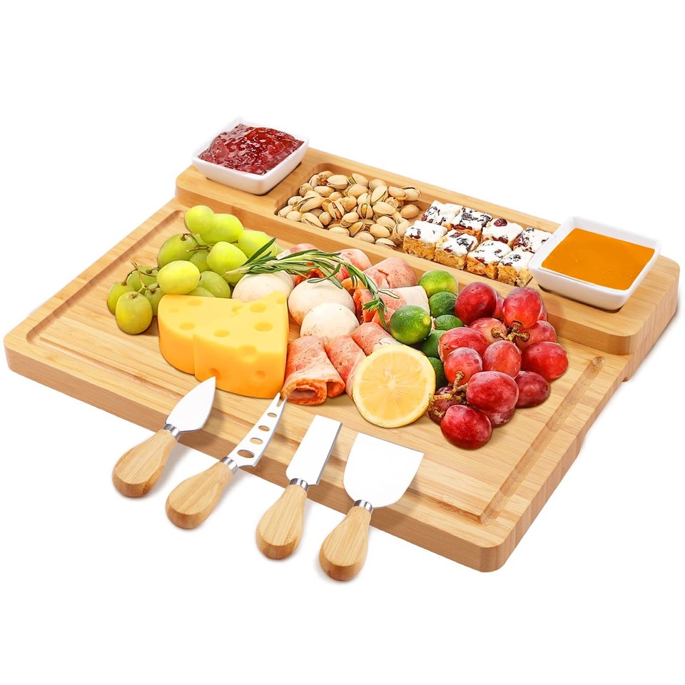 Charcuterie Boards Set, Cheese Board and Knife Set with 2 Ceramic Bowls, Bamb... | eBay