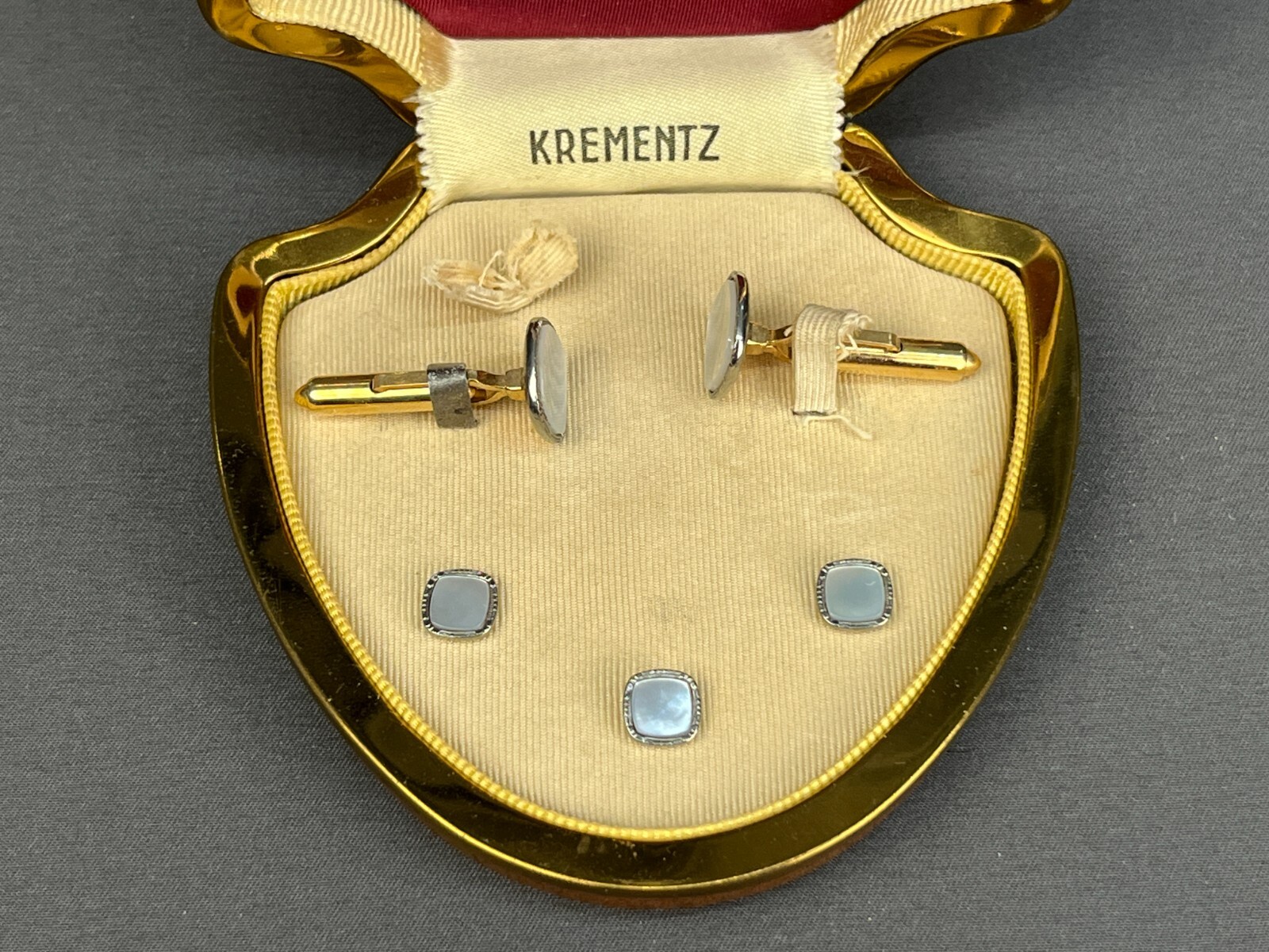 Krementz Art Deco Mother of Pearl Gold Plated Cuff Links & Studs Marshall Fields | eBay