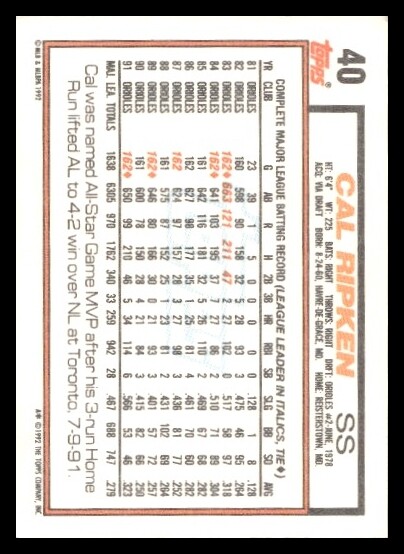 1992 Topps #40 Cal Ripken Jr. Baltimore Orioles Baseball card | eBay