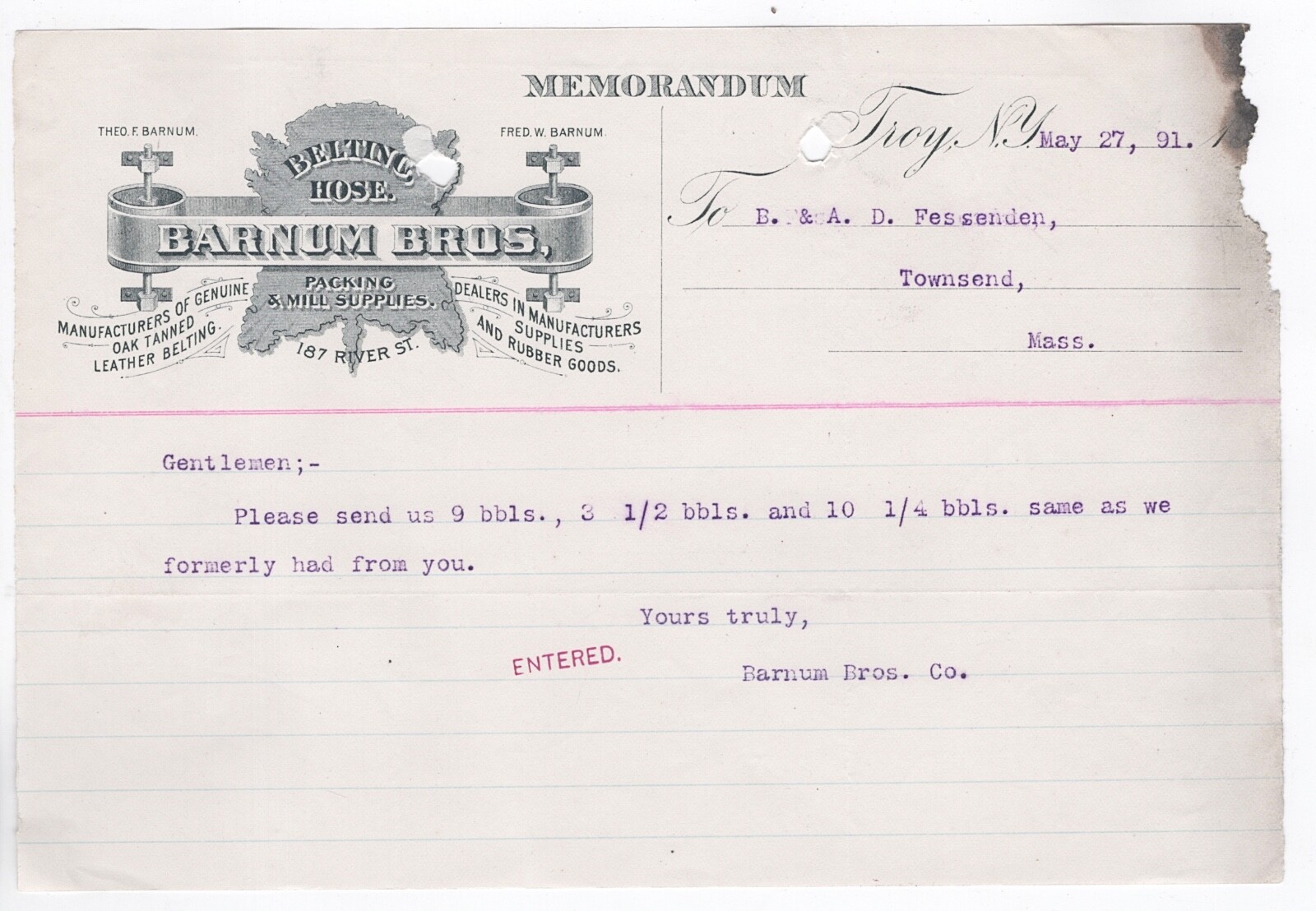 1891 BARNUM BROS LETTERHEAD LEATHER BELTING PACKING MILL SUPPLIES TROY ...
