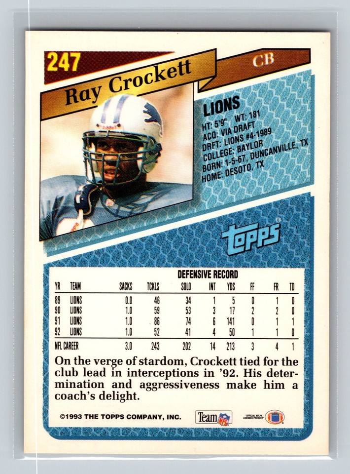 Ray Crockett 1993 Topps GOLD #247 Football Card NFL Detroit Lions ...