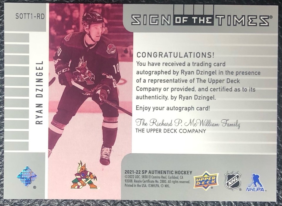 2021-22 SP Authentic 2001-02 Retro Sign of the Times Ryan Dzingel # ...