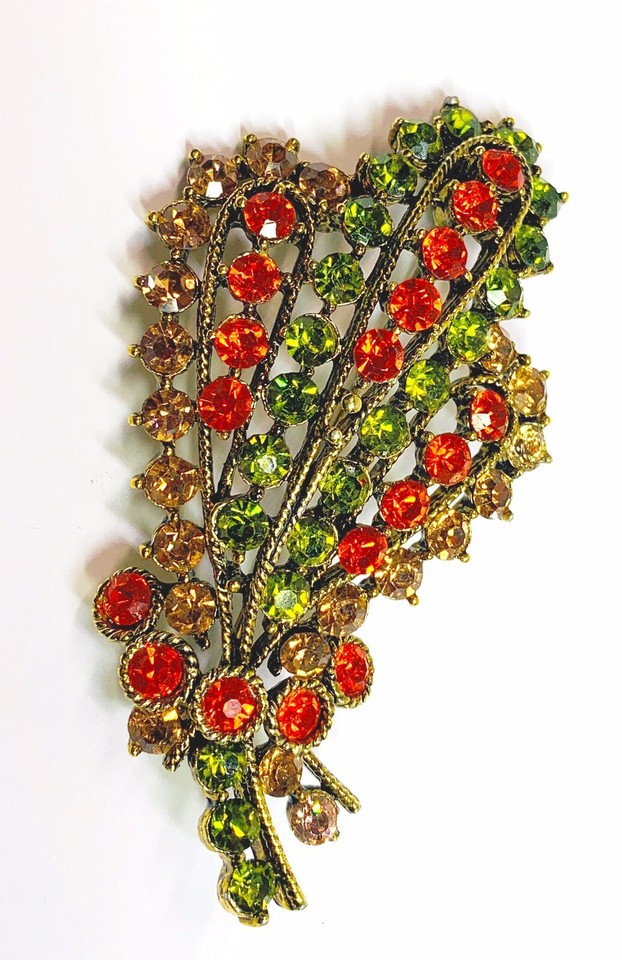 Vtg Rhinestone Spray Brooch Pin Fall Colors Red Green Bronze Faceted ...