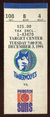 Ticket Basketball Minnesota Timberwolves 1991 - 92 12/3 Phoenix Suns | eBay