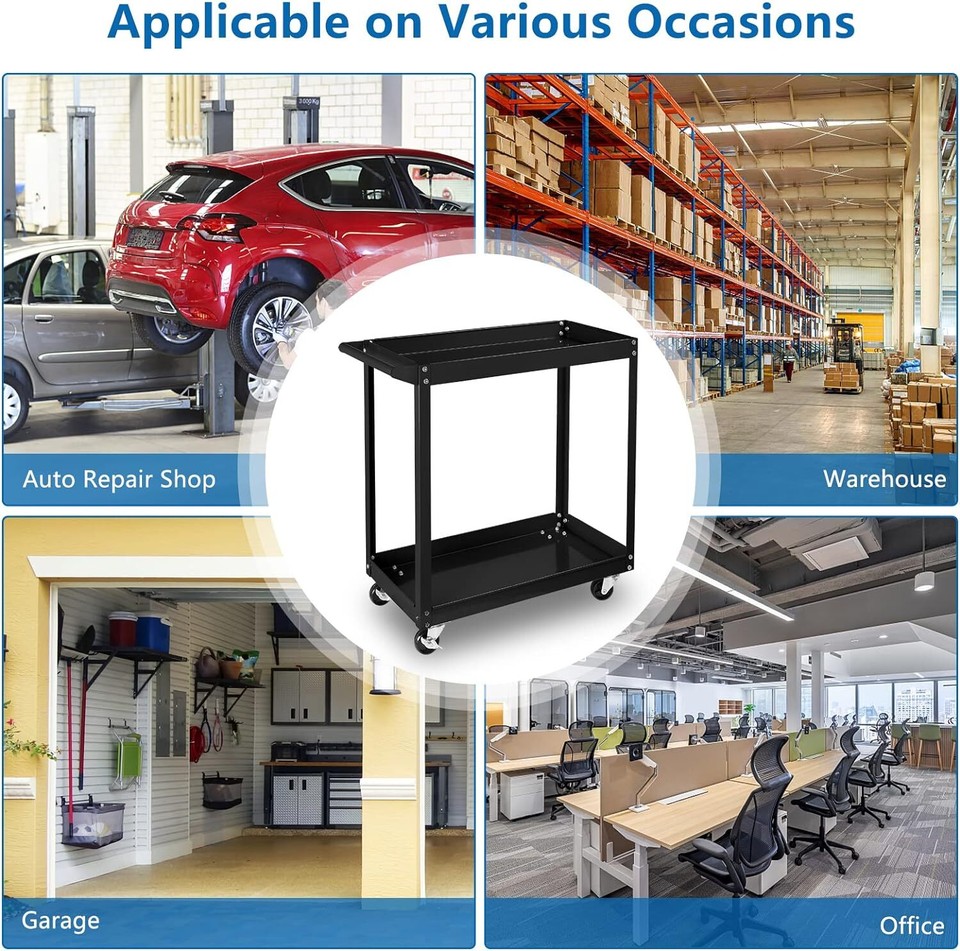 2 Shelf Steel Utility Cart 2 Tier Rolling Tool Storage Cart for ...