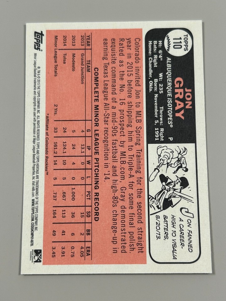 Jon Gray Signed 2015 Topps Heritage Minor Card #110 COA Albuquerque ...