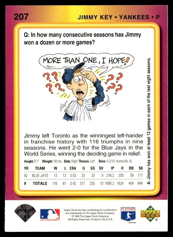 1993 Upper Deck Fun Pack Jimmy Key New York Yankees #207 | eBay