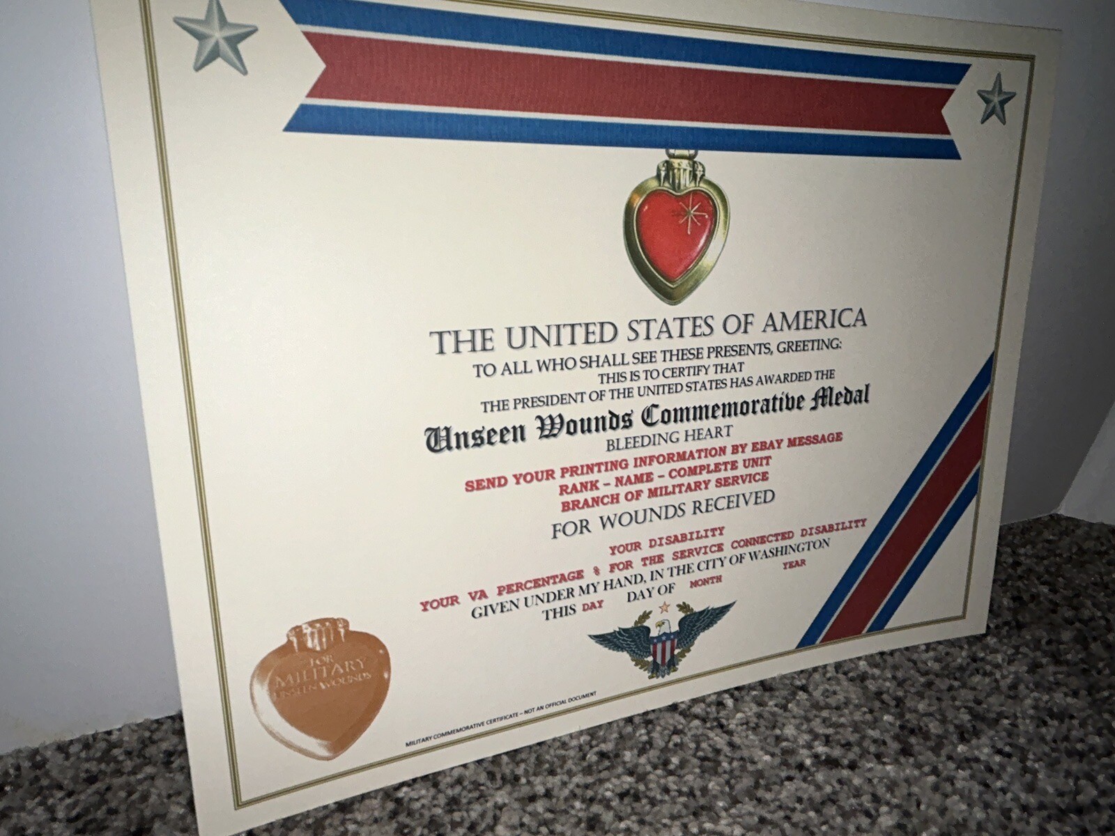 UNSEEN WOUNDS MEDAL - BLEEDING HEART COMMEMORATIVE CERTIFICATE~W ...