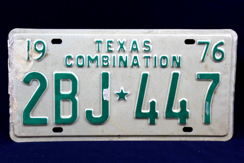 Vintage 1976 Texas Combination Single Green & White License Plate 2BJ ...