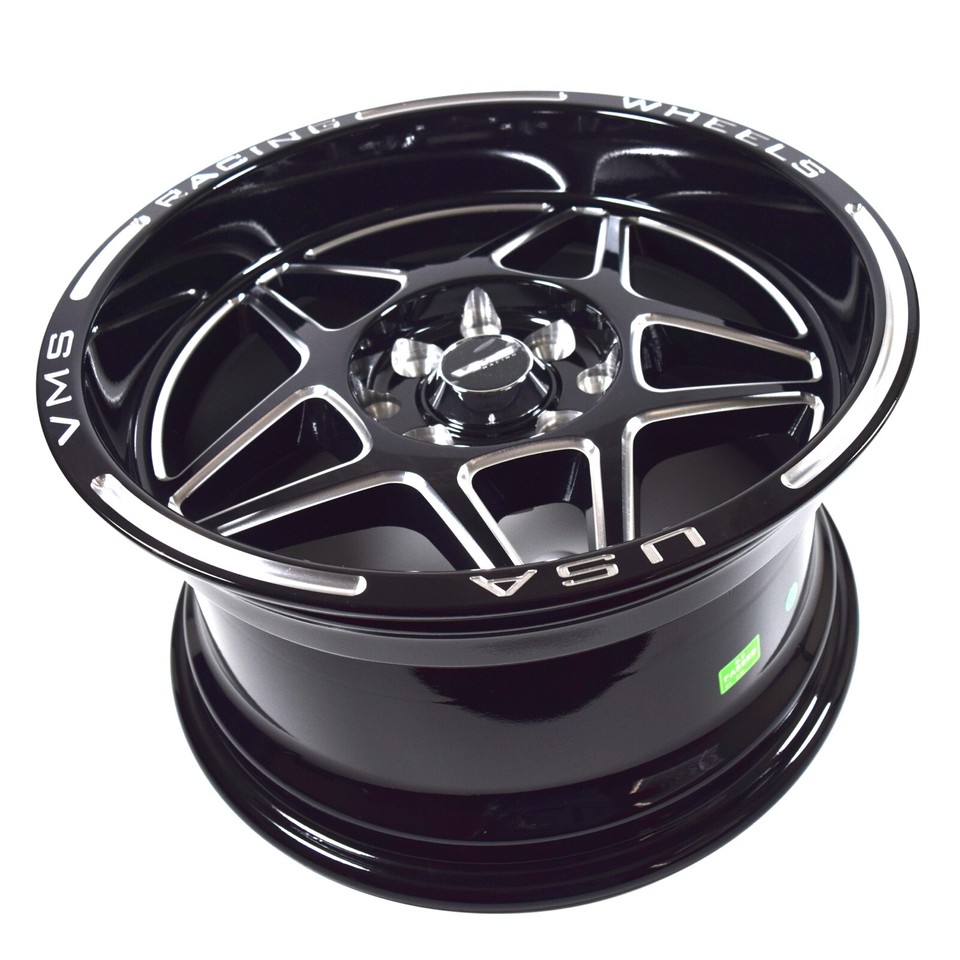 VMS Racing Delta 15X8 Black Polished Drag Rims Wheels 5X100 5X114 +20 5 ...