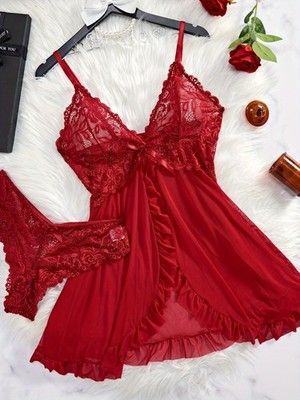 Babydall Lingerie Set Red Lace Sexy Two Piece Sleepwear Nightdress + G ...