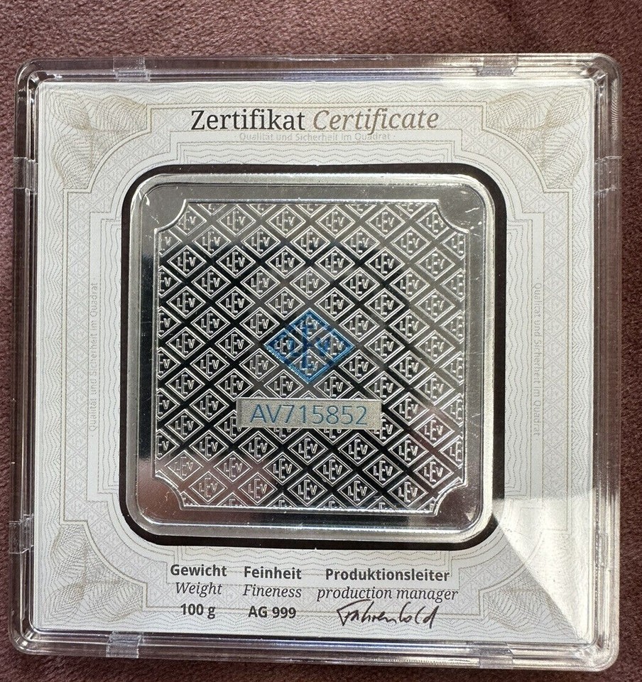 100 gram Silver Bar - Geiger Edelmetalle (Original Square Assay) Serial ...