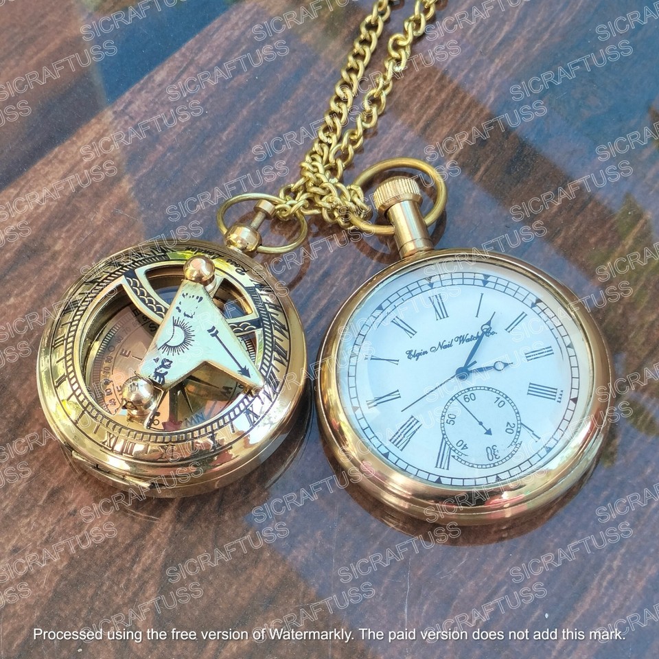 Set of Brass Elgin Pocket Watch & Push Button Sundial Compass Watch. | eBay