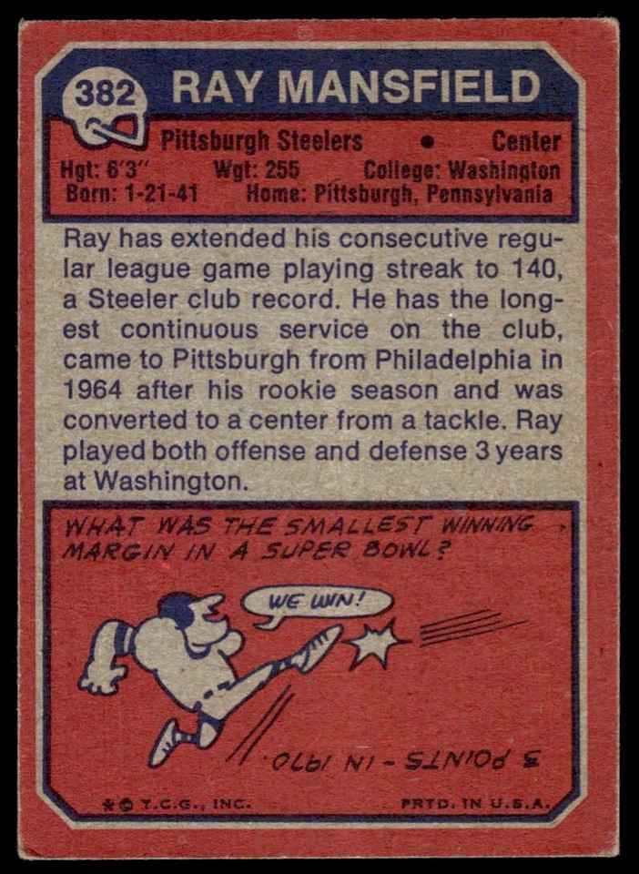 1973 TOPPS RAY MANSFIELD 3 PITTSBURGH STEELERS #382 | eBay