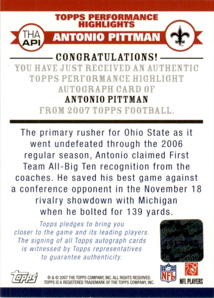 2007 Topps Performance Highlights Autograph Antonio Pittman Saints #THA ...