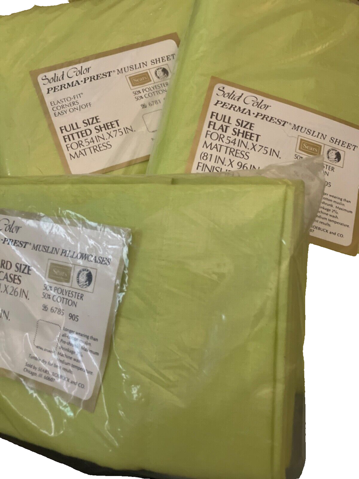 Sears Solid Lime Green Perma-Prest Muslin FULL FLAT Sheet Double,NEW ...